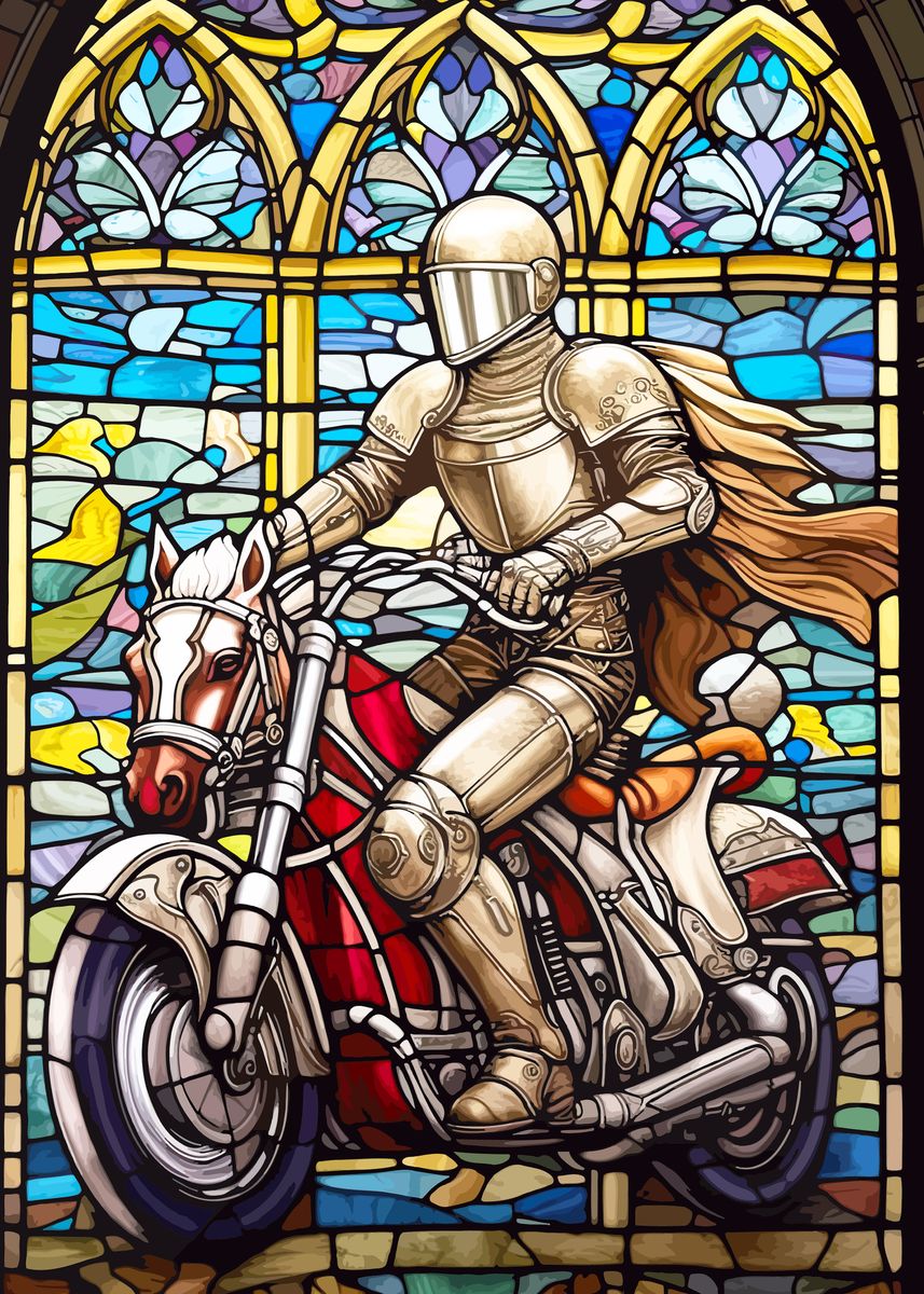 'Stained Glass Knight on Motorcycle' Poster, picture, metal print ...