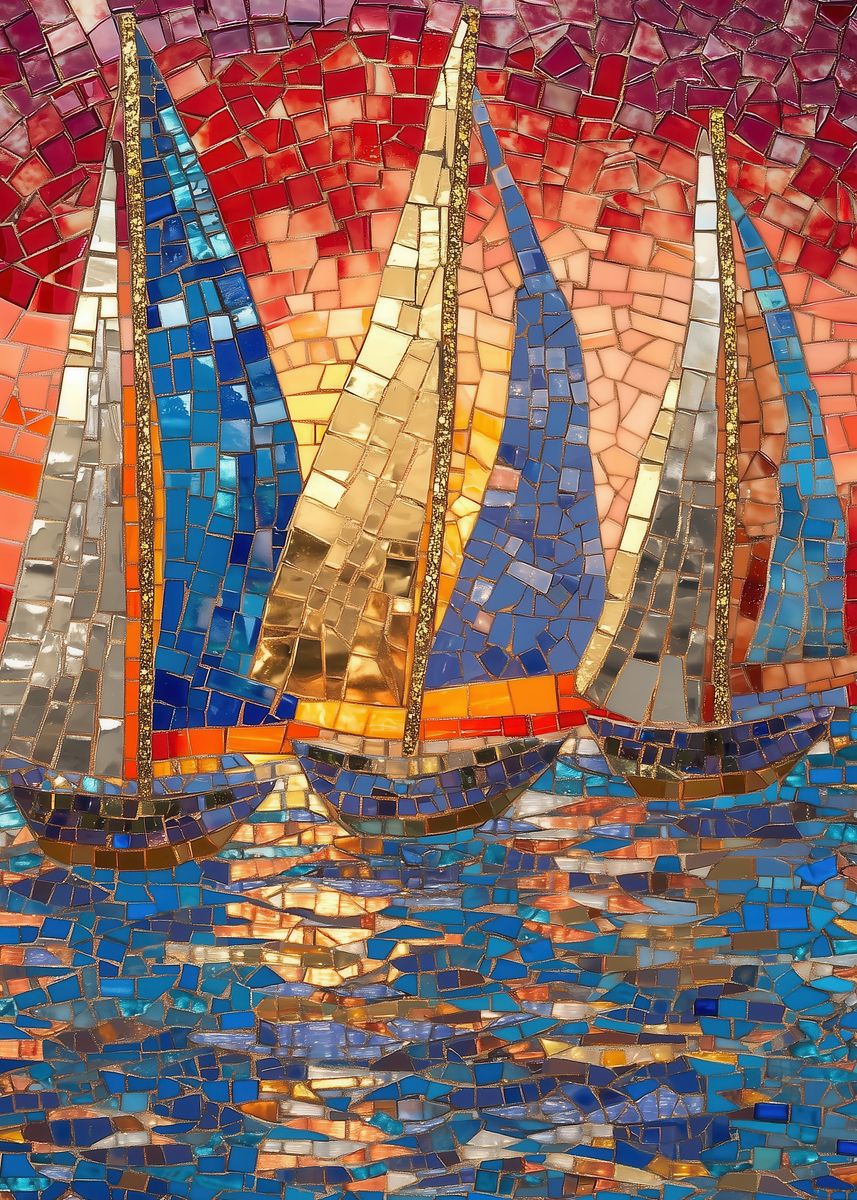 'Mosaic Sailboats Sunset' Poster, picture, metal print, paint by ...