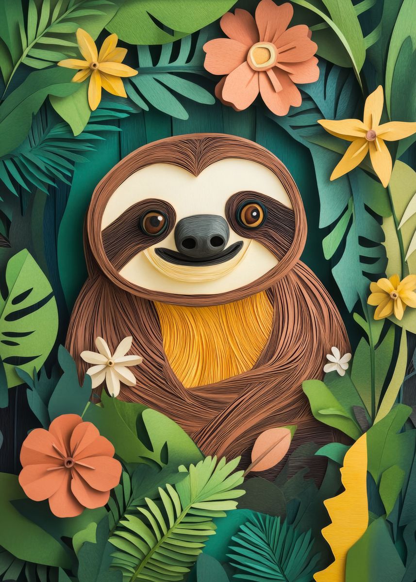 'Papercraft Sloth in Jungle' Poster, picture, metal print, paint by ...