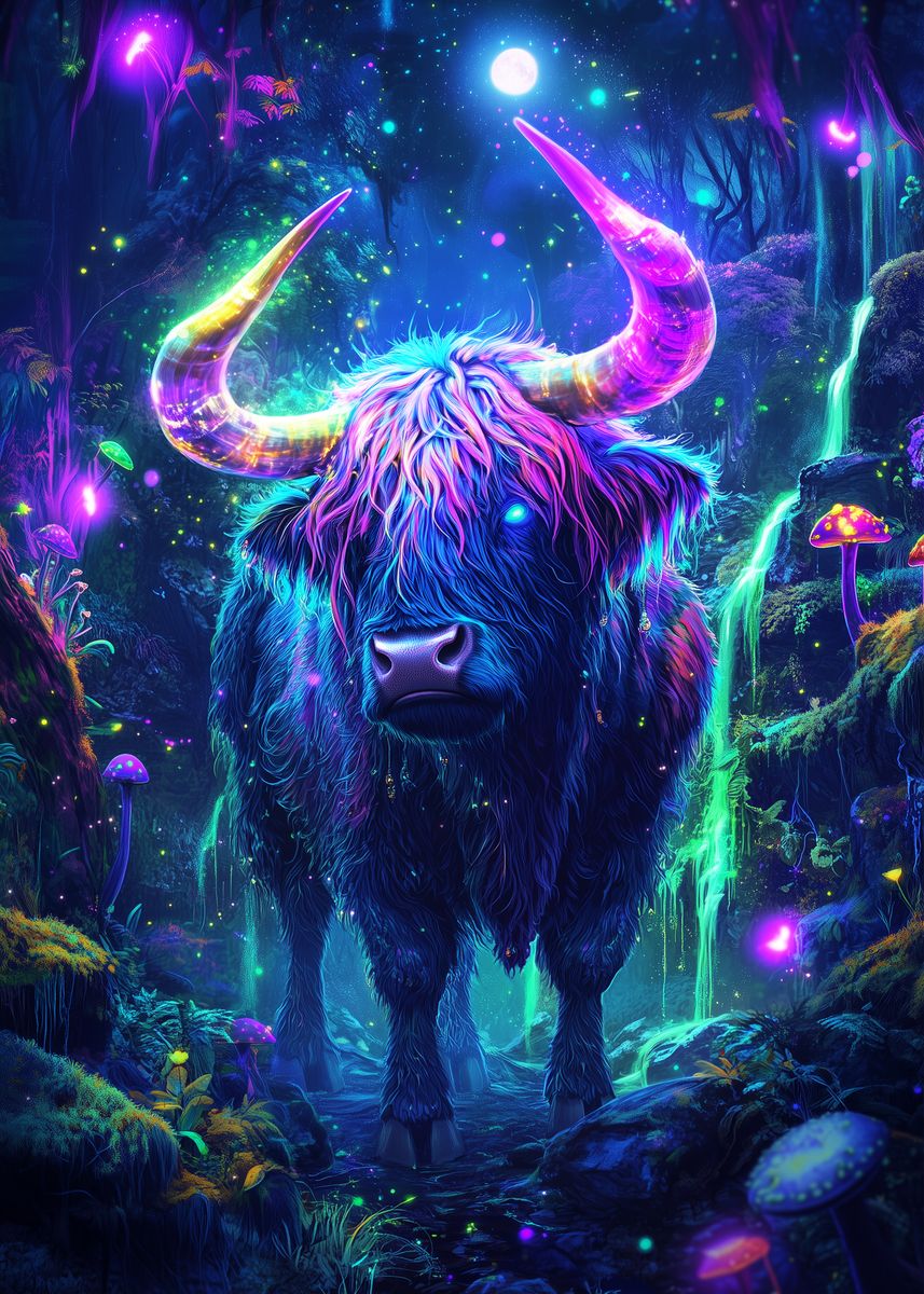 'Neon Highland Cow in Forest' Poster, picture, metal print, paint by ...
