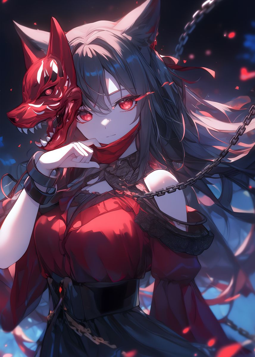 'Anime Girl with Demon Mask' Poster, picture, metal print, paint by ...