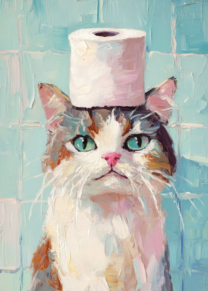 'Cat with Toilet Paper Hat' Poster, picture, metal print, paint by Morgan Yon | Displate