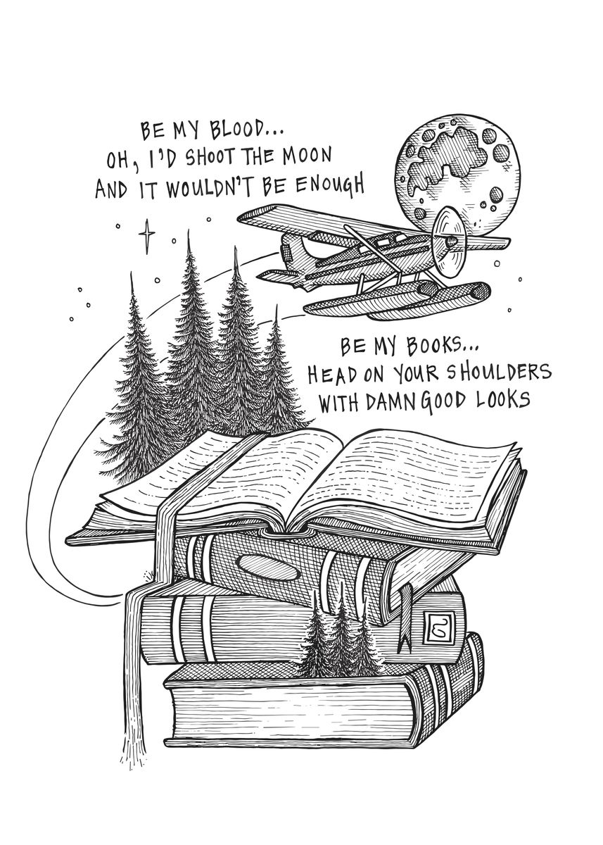 'Caamp Books, Plane, and Moon' Poster, picture, metal print, paint by ...