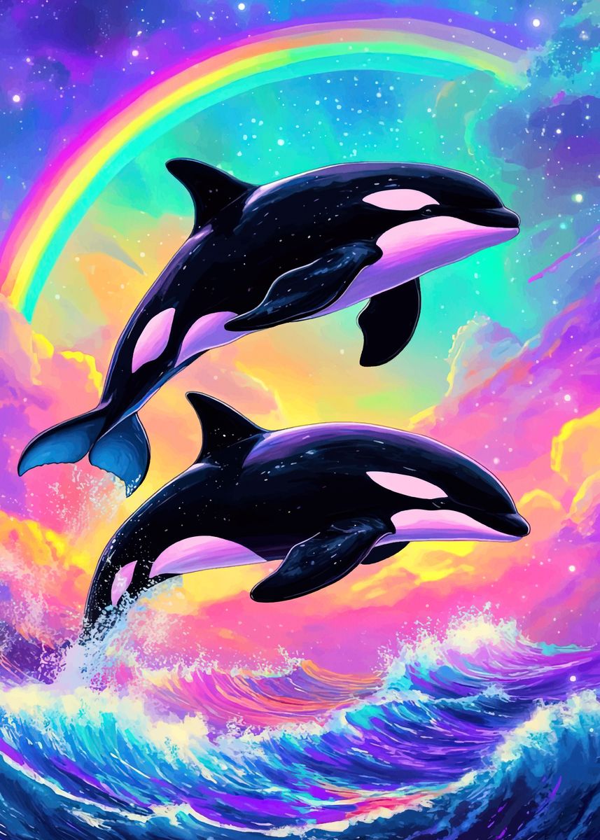 'Orcas Rainbow watercolor' Poster, picture, metal print, paint by Teri ...