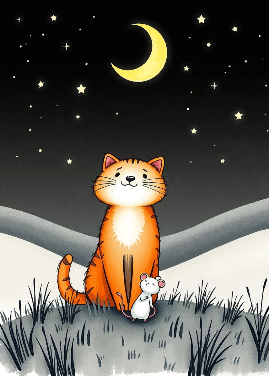 'Cat and Mouse Night Sky' Poster, picture, metal print, paint by ...