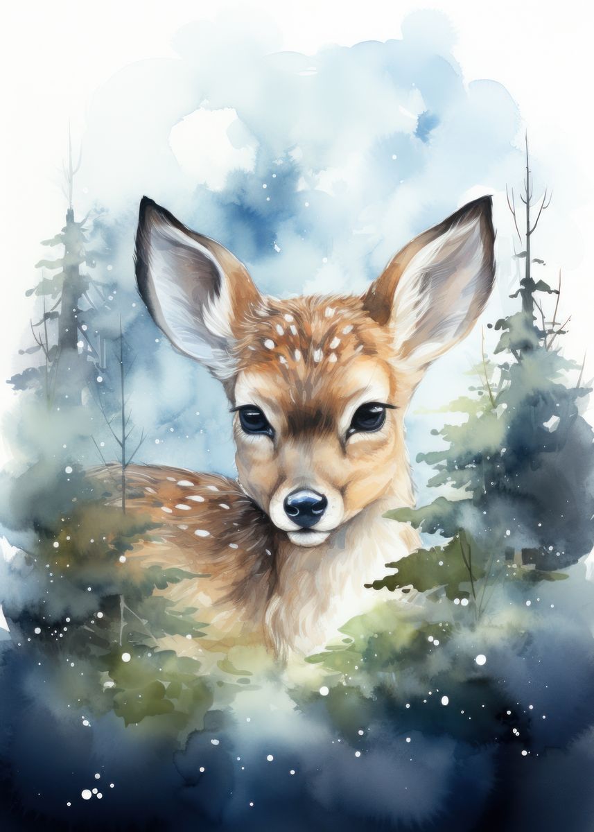 'Fawn in Winter Forest' Poster, picture, metal print, paint by Byrdyak ...