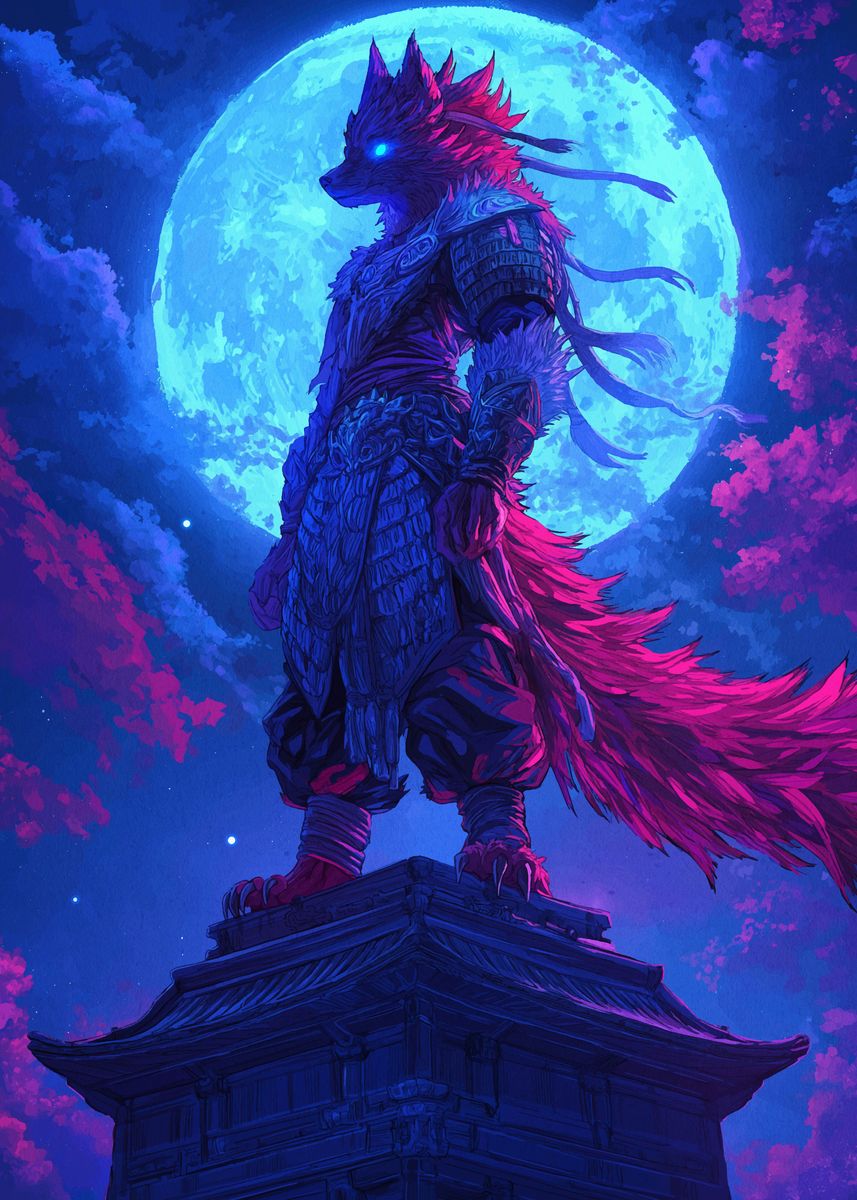 'Wolf Warrior Under Moon' Poster, picture, metal print, paint by Emre Weiss | Displate