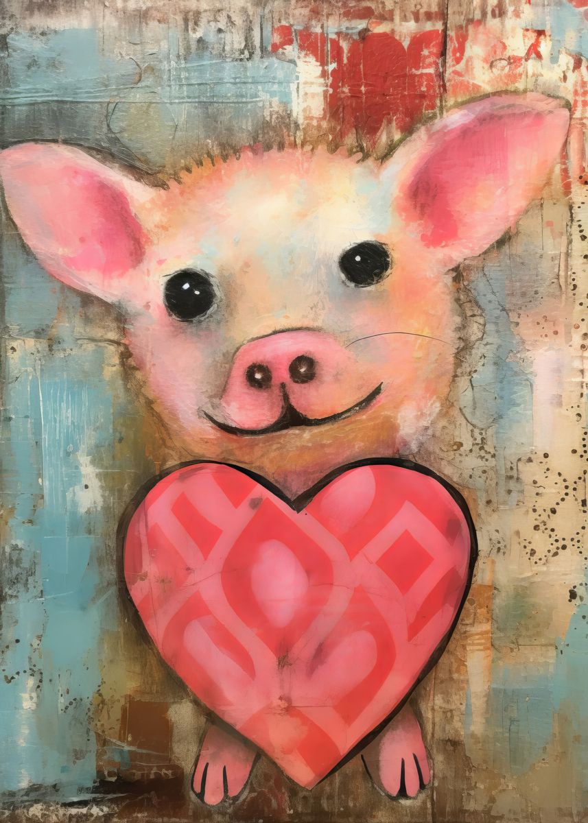 'Valentine Piglet with Cute Heart Mixed Media' Poster, picture, metal ...