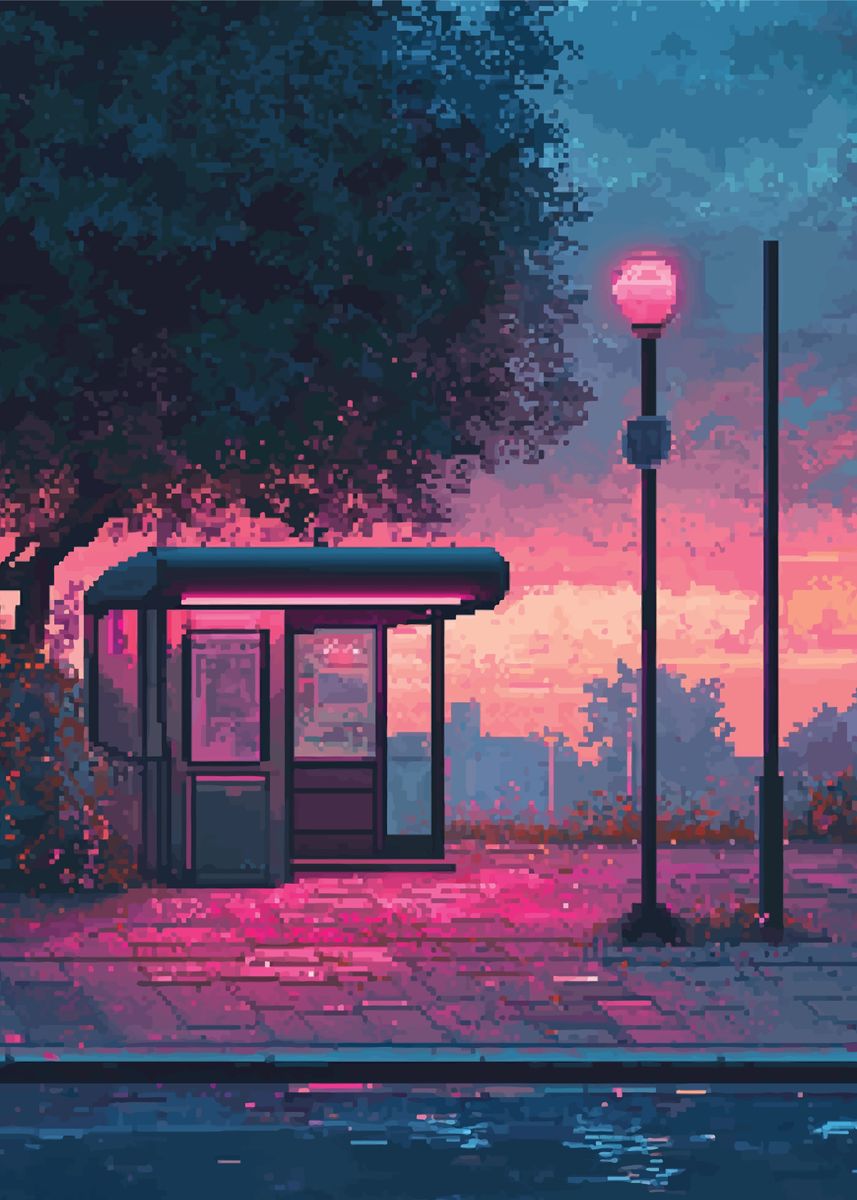 'Pixel Art Bus Stop at Sunset' Poster, picture, metal print, paint by ...