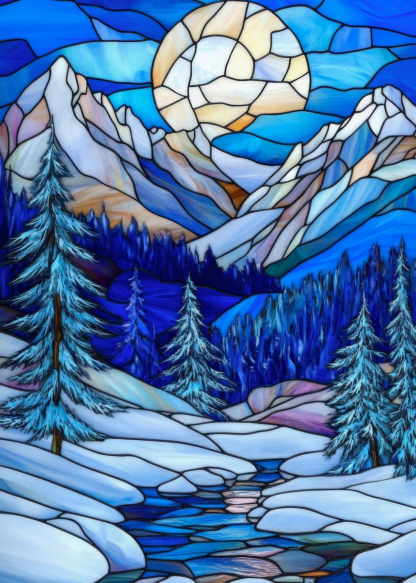'Stained Glass Mountain Scene' Poster, picture, metal print, paint by ...