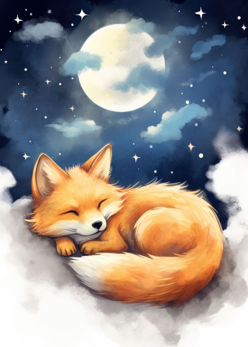 'Sleeping Fox Under Moonlight' Poster, picture, metal print, paint by ...