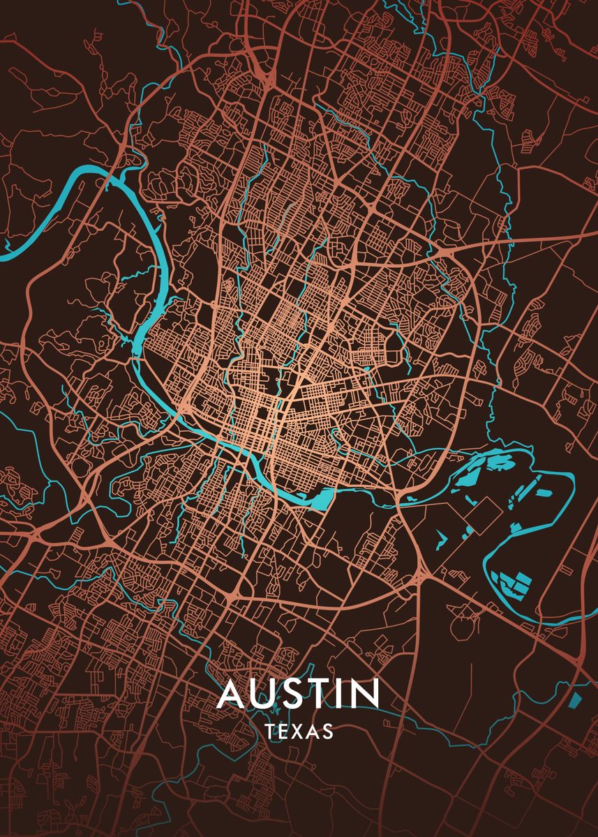 'Austin, Texas Map' Poster, picture, metal print, paint by Miracle ...