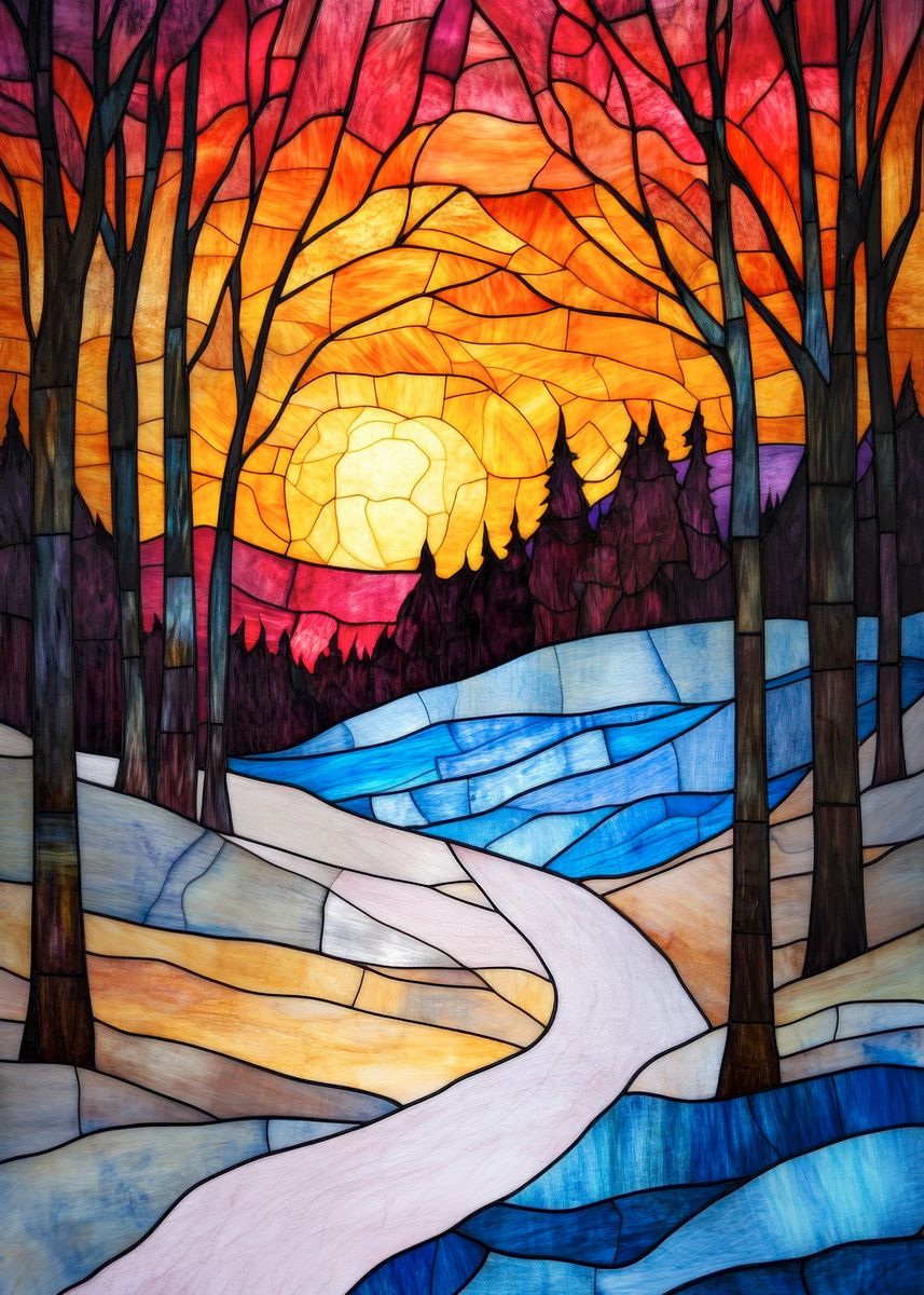 'Stained Glass Sunset Landscape' Poster, picture, metal print, paint by ...