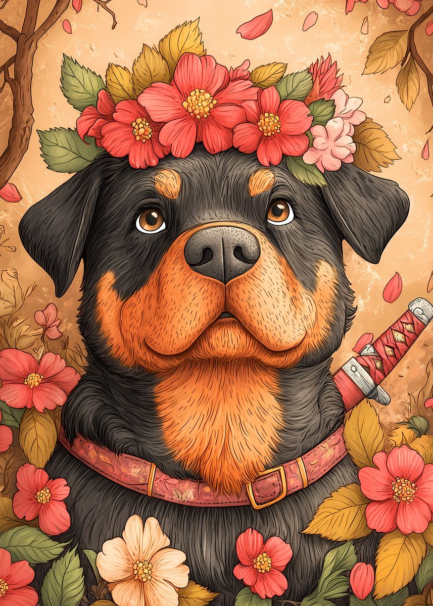 'Rottweiler with Flowers Animal' Poster, picture, metal print, paint by ...