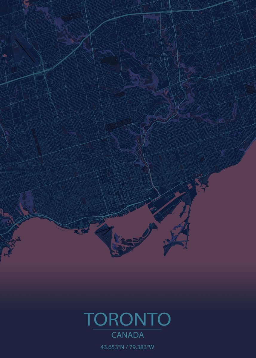 'Toronto City Canada Blue and Purple City Map' Poster, picture, metal ...