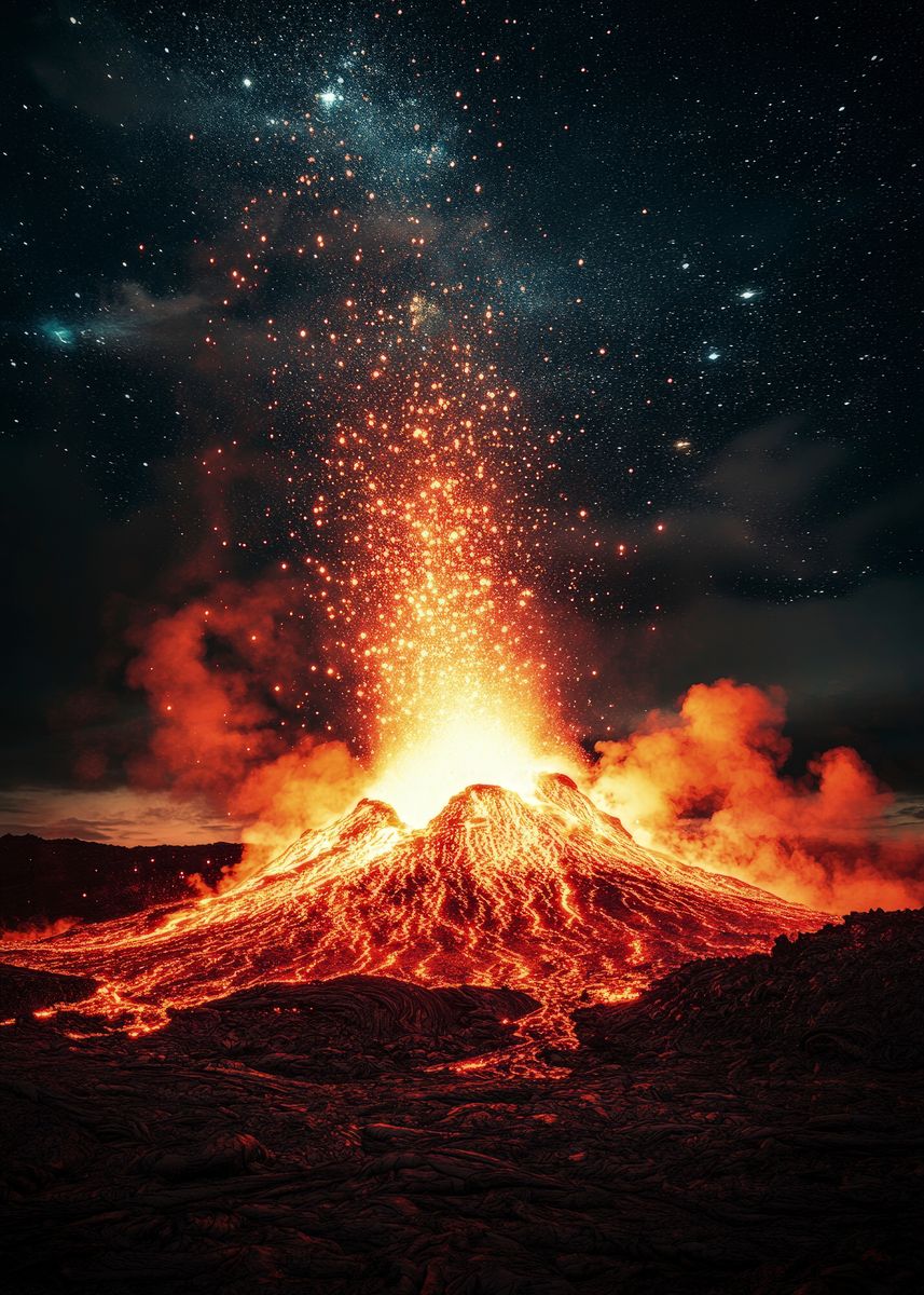 'Volcanic Eruption Under Stars' Poster, picture, metal print, paint by ...