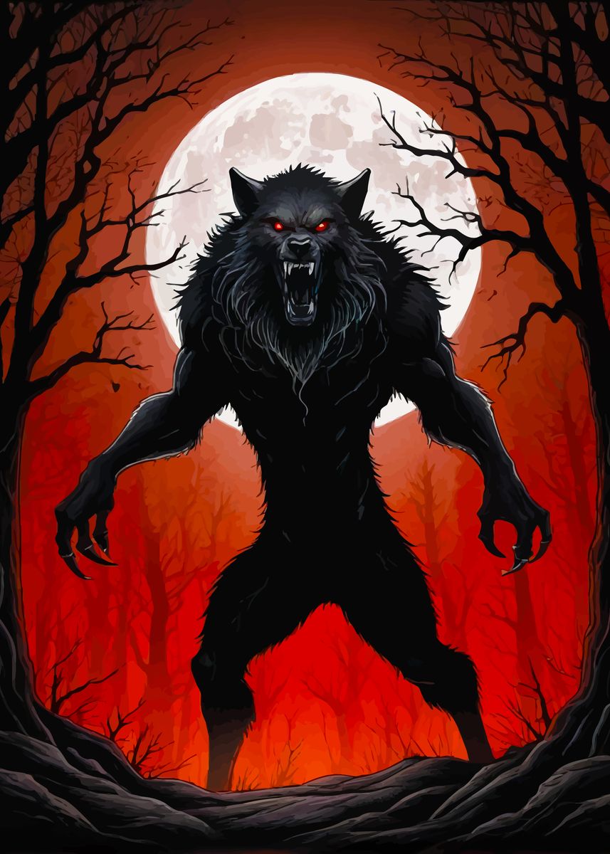 'Black Werewolf Under Full Moon' Poster, picture, metal print, paint by ...