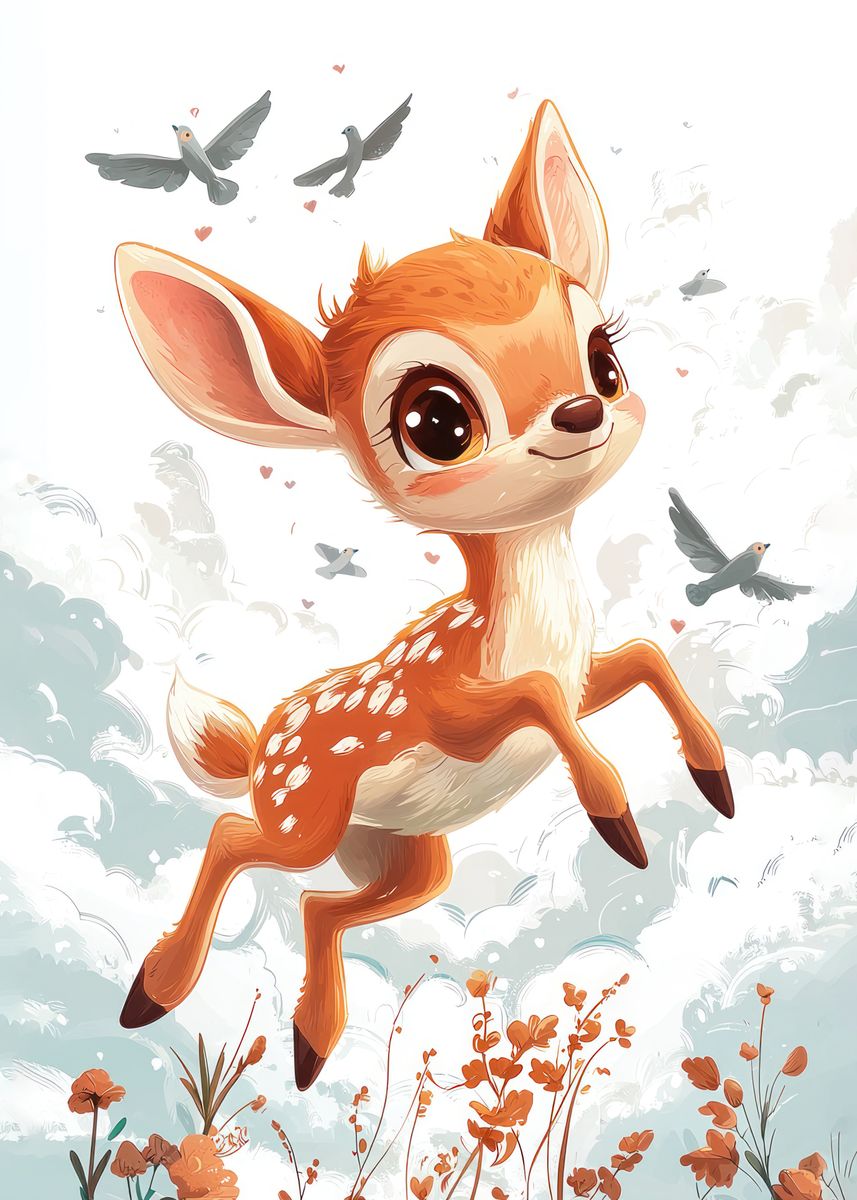 'Cute Jumping Fawn' Poster, picture, metal print, paint by Usama Design ...