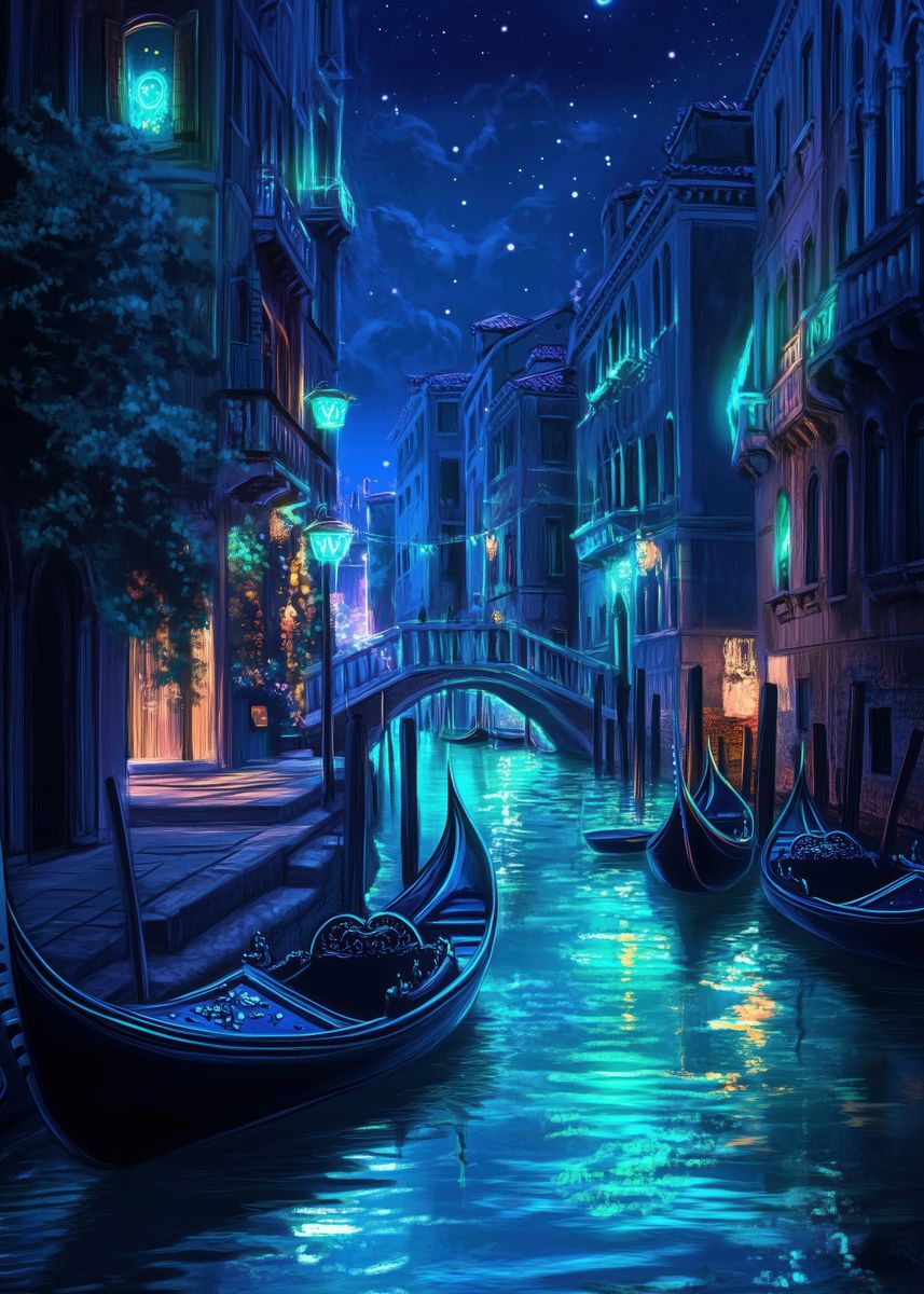 'Nighttime Neon Canal Scene in Venice, Italy' Poster, picture, metal ...