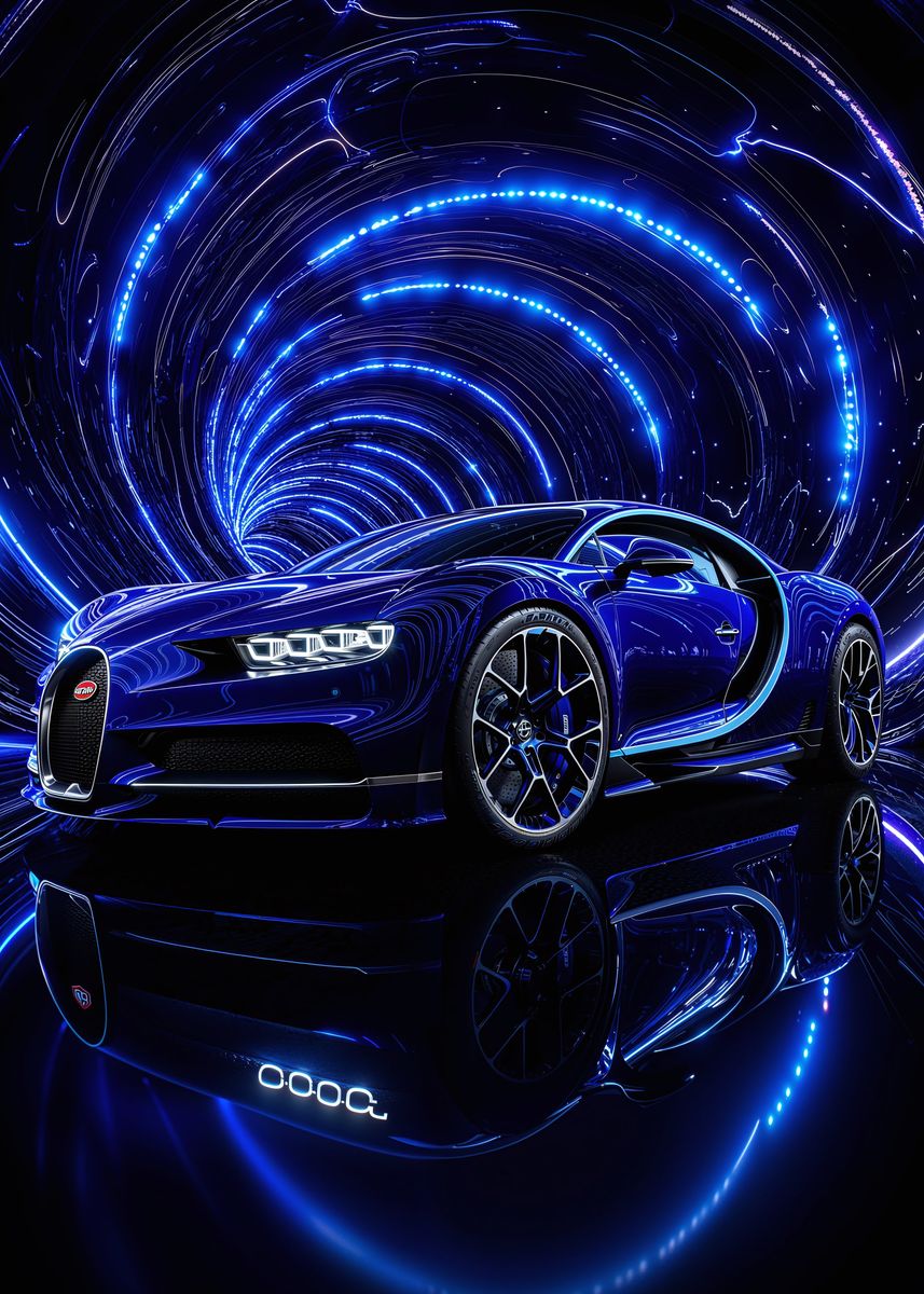 'Blue Bugatti in Neon Tunnel' Poster, picture, metal print, paint by ...