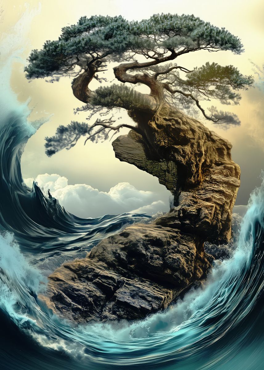 'Bonsai Tree on a Cliff tranquil scenery' Poster, picture, metal print ...