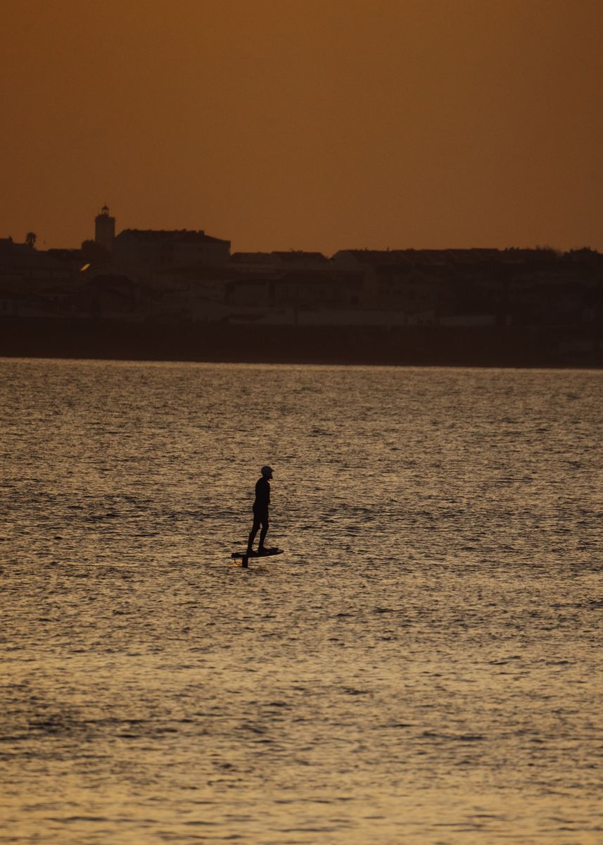 'Silhouetted E-Foiler at Sunset Baleal Portugal' Poster, picture, metal ...