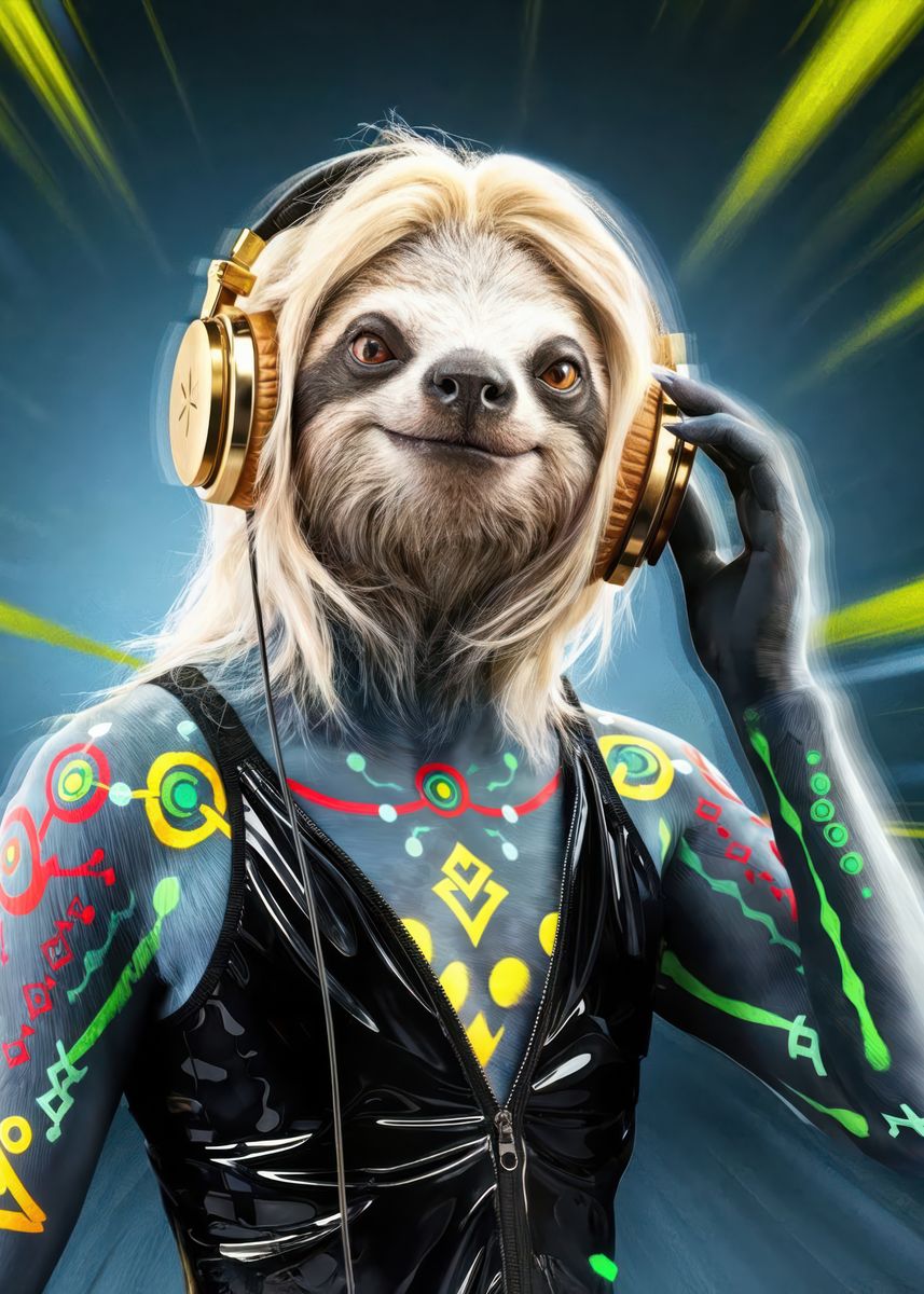 'Sloth Techno DJ with gold Headphones - cyber sloth music lover' Poster ...
