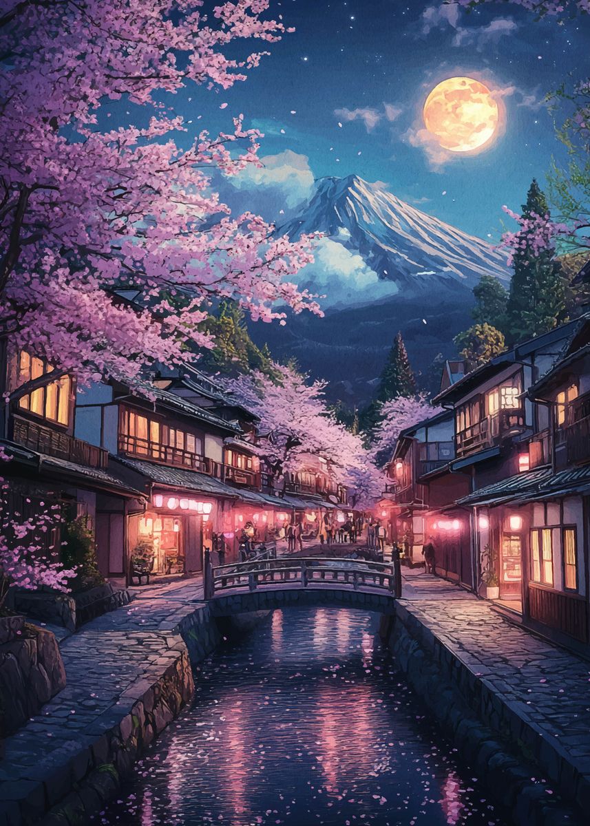'Japanese Night Scene with Cherry Blossoms' Poster, picture, metal ...
