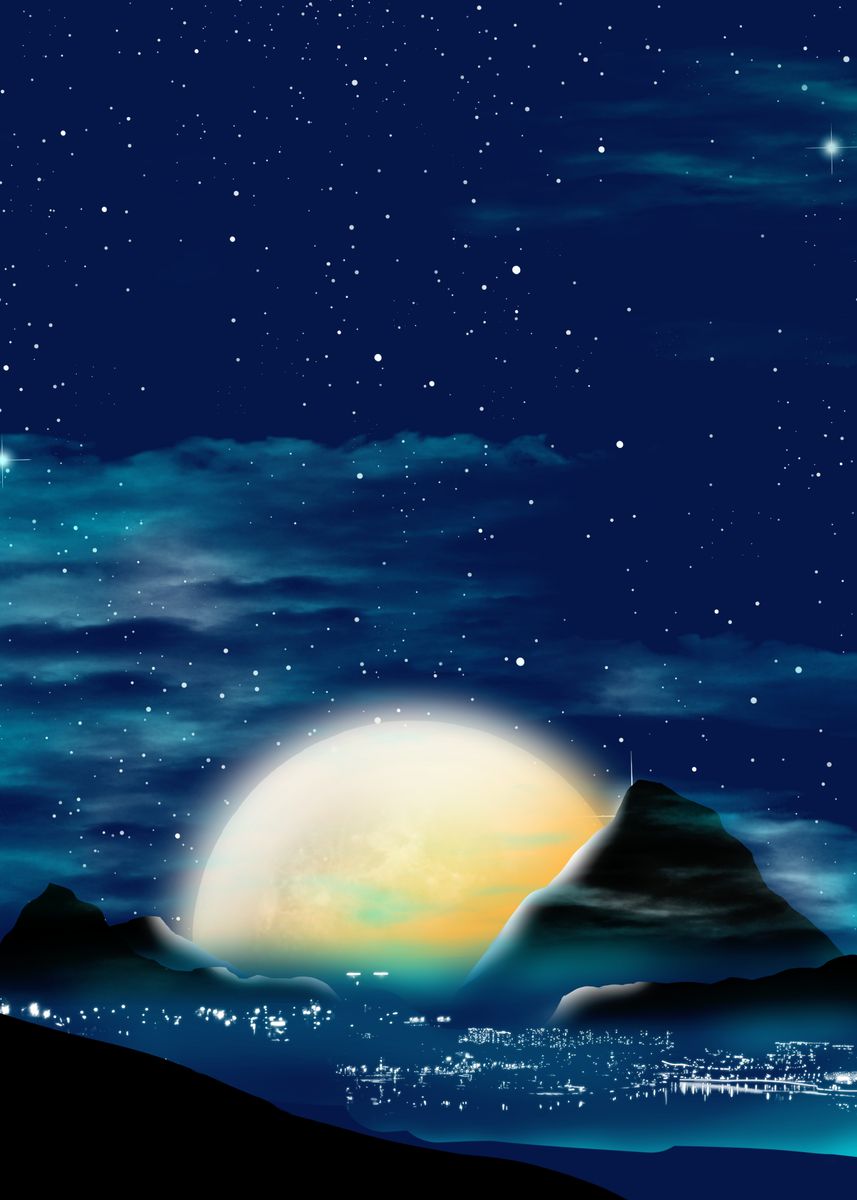'Full Moon Night Landscape' Poster, picture, metal print, paint by Mika ...