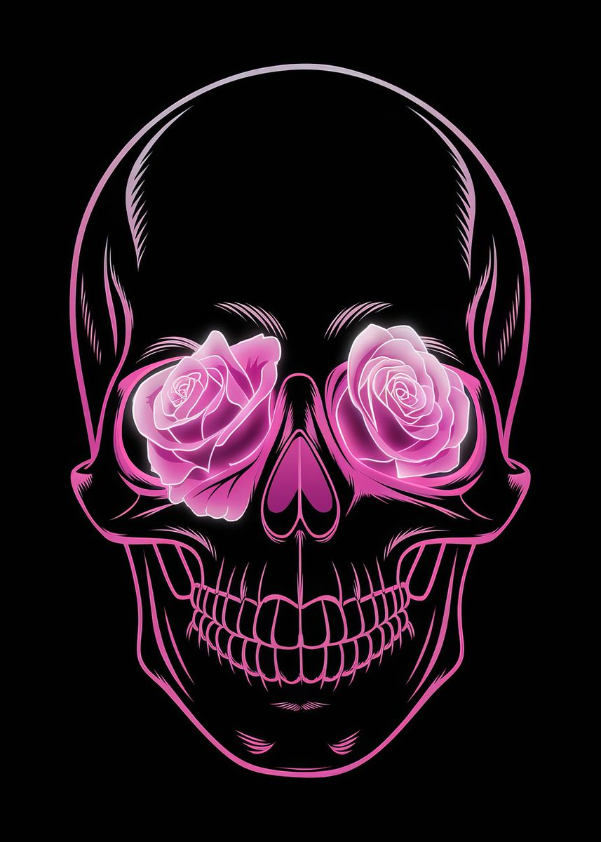 'Neon Pink Skull with Roses' Poster, picture, metal print, paint by ...