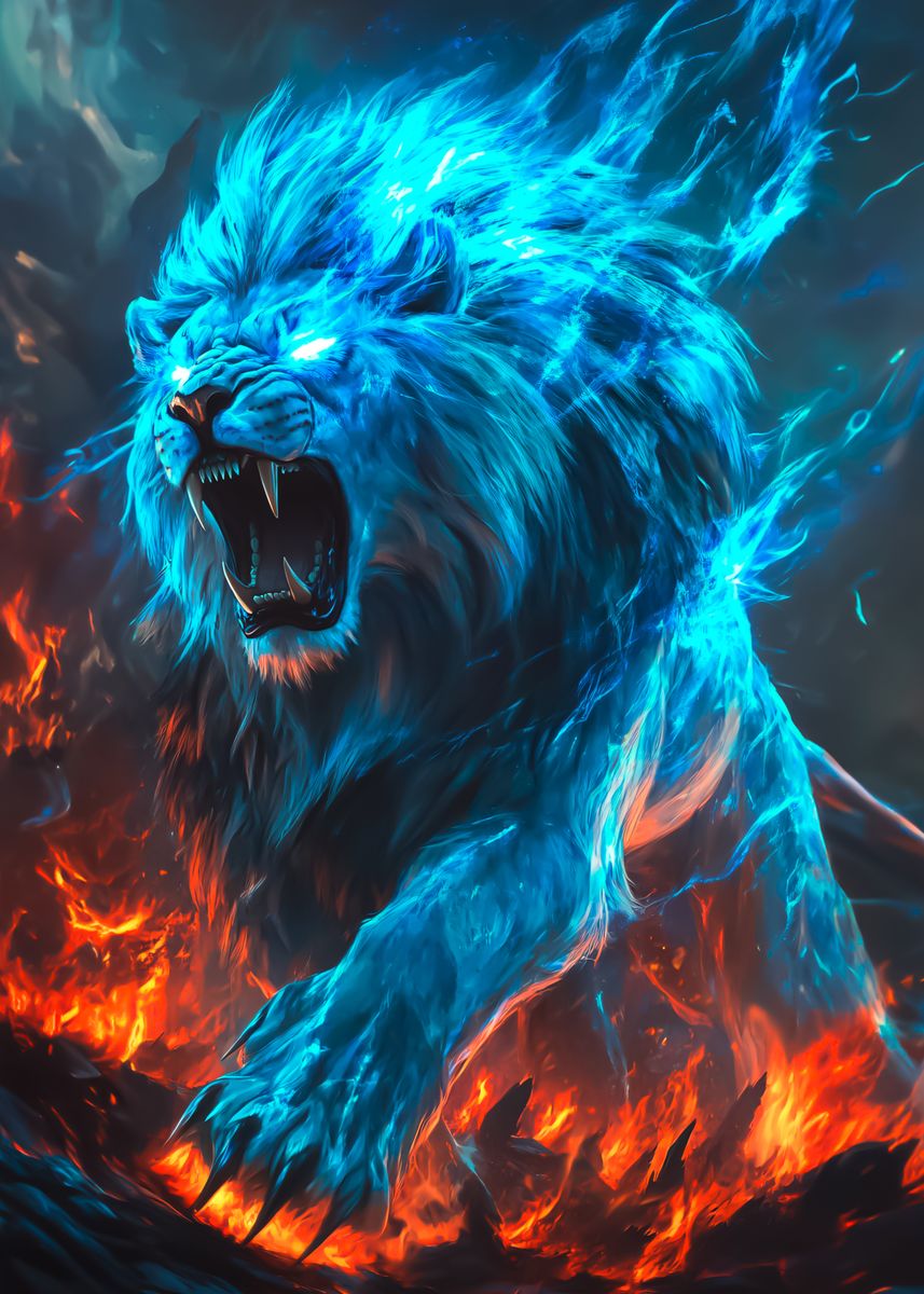 'Blue Fire Lion' Poster, picture, metal print, paint by K3xiao | Displate