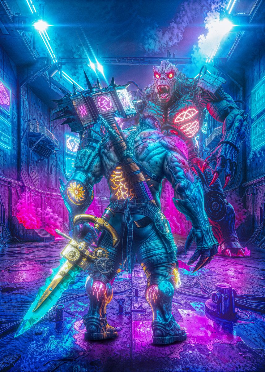 'Cyberpunk Monster Battle' Poster, picture, metal print, paint by ...