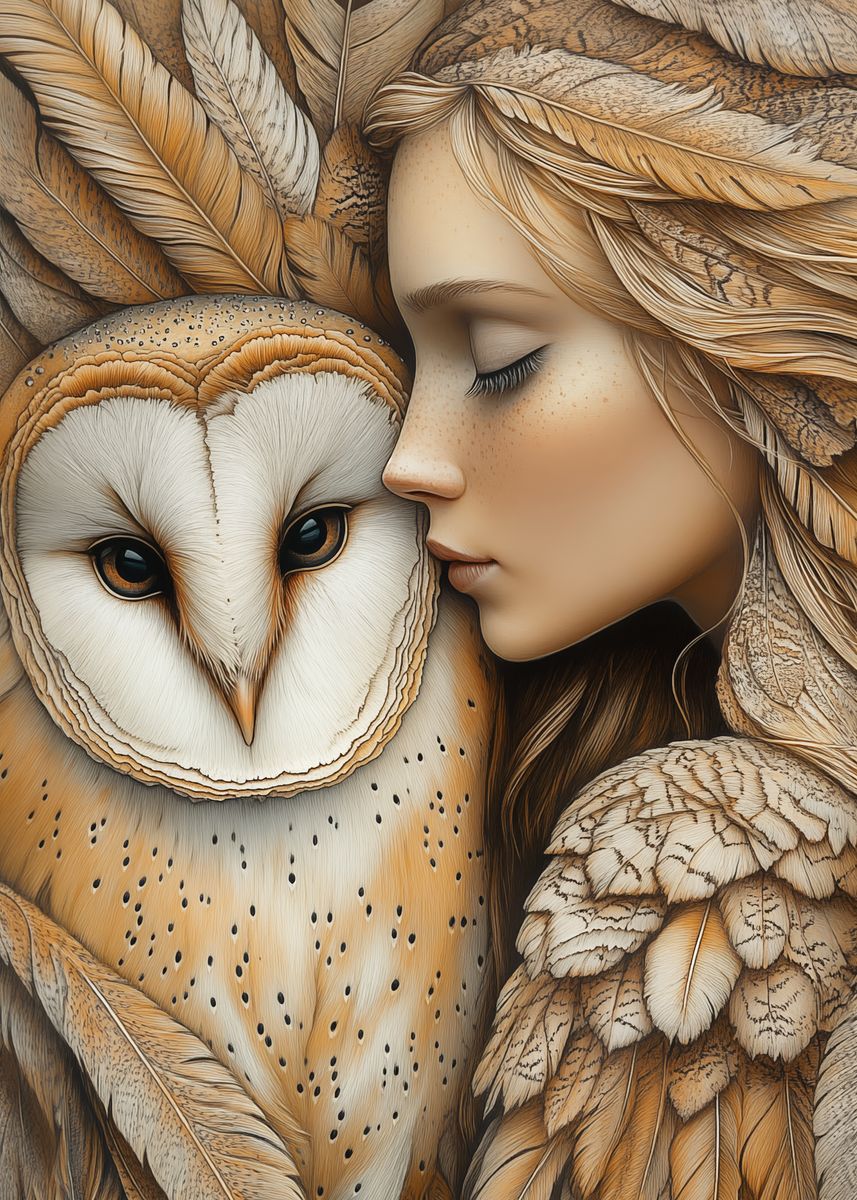 'Woman and Owl in Feathers' Poster, picture, metal print, paint by ...