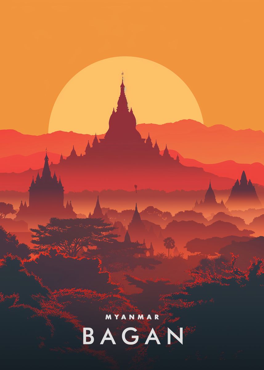 'Bagan Sunset Myanmar' Poster, picture, metal print, paint by Merah ...