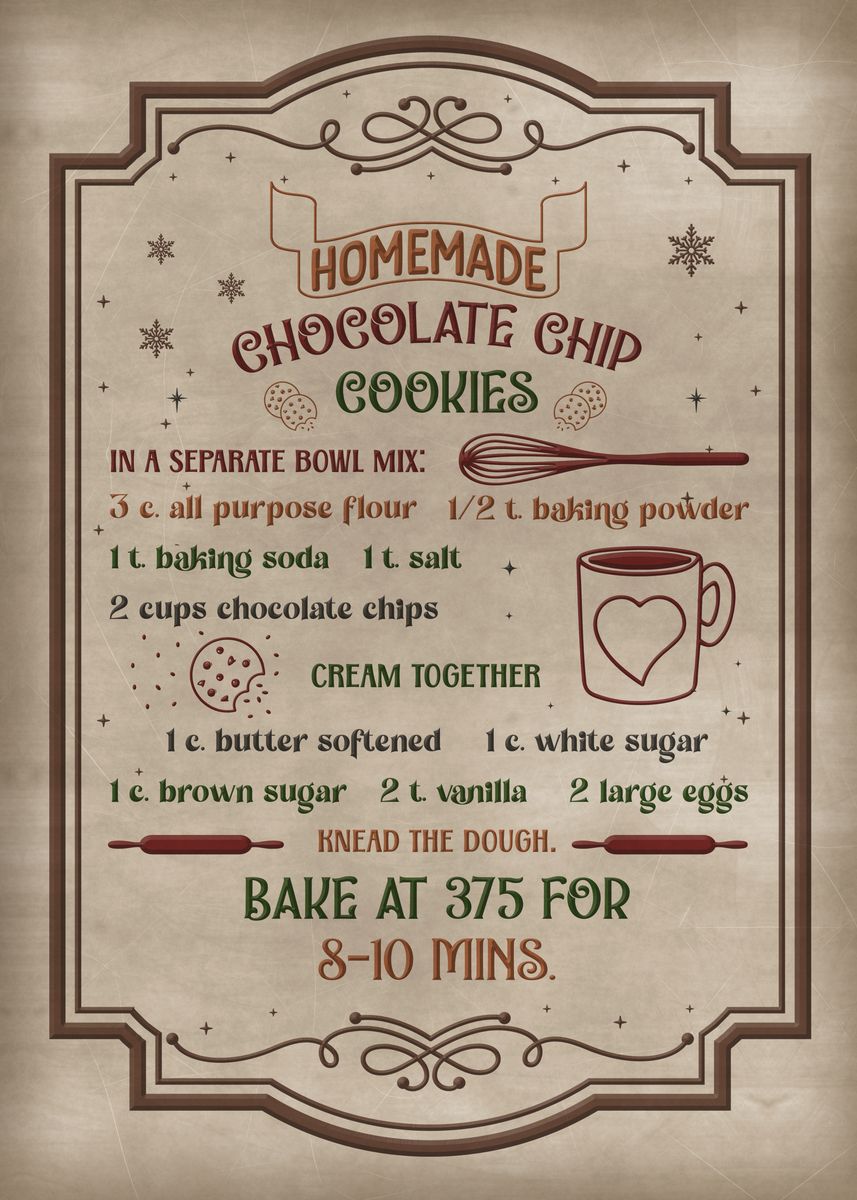'Homemade Chocolate Chip Cookies Recipe' Poster, picture, metal print ...