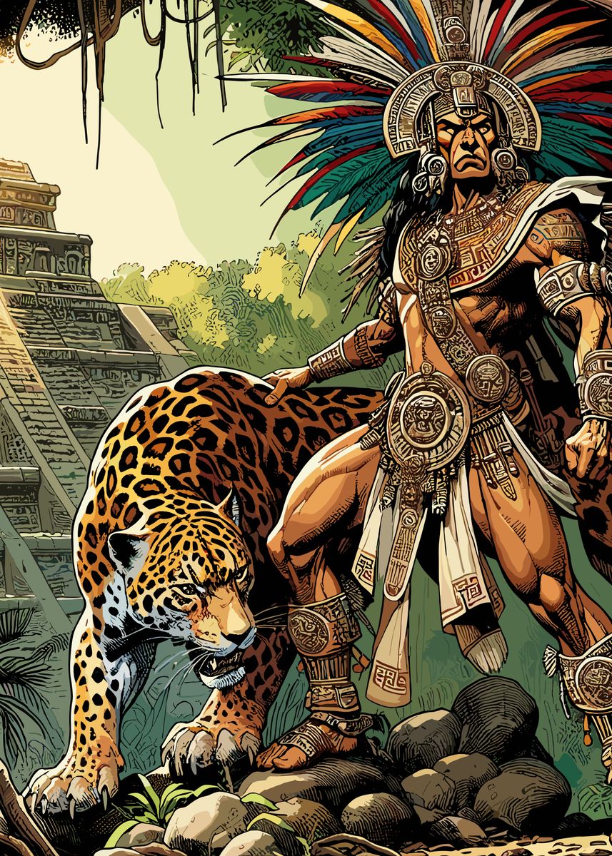 'Aztec Warrior and Jaguar' Poster, picture, metal print, paint by Ray ...