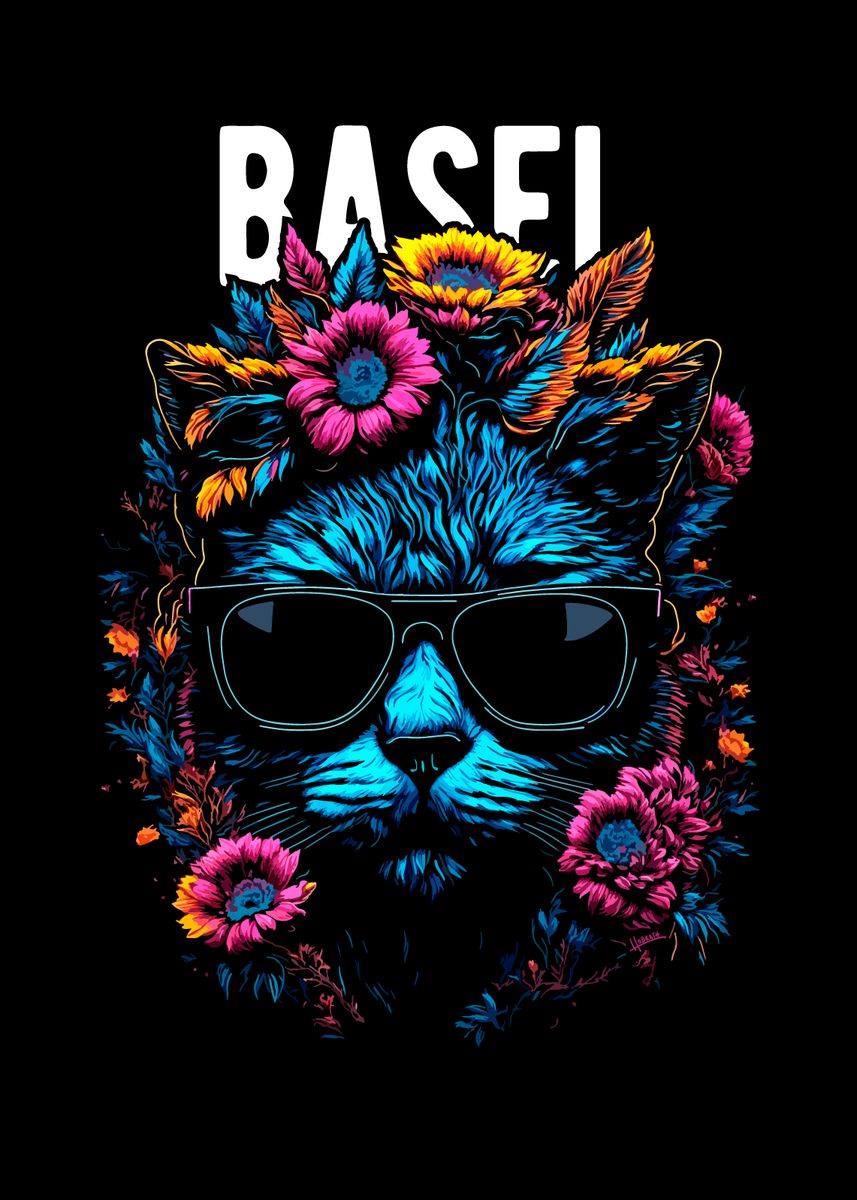 'Cool Basel Cat with Flowers' Poster, picture, metal print, paint by ...