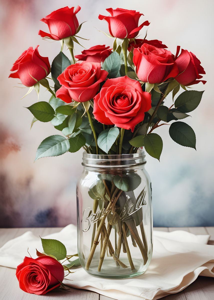 'Red Roses in a Jar' Poster, picture, metal print, paint by Pierre ...
