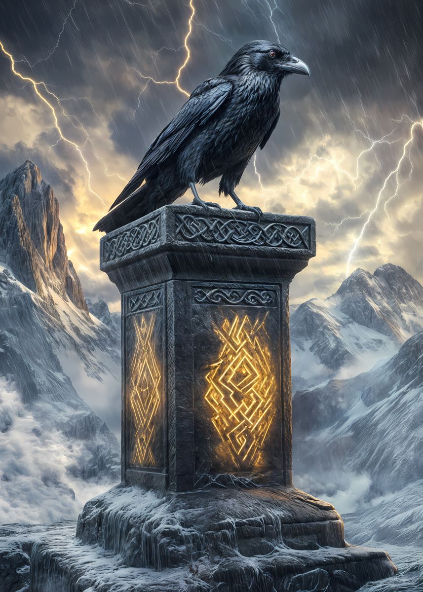 'Viking Raven on Stone Pillar' Poster, picture, metal print, paint by ...