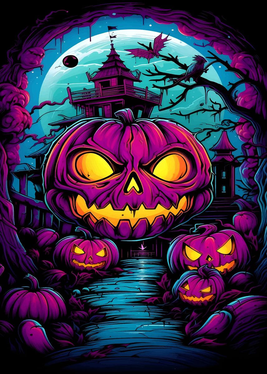 'Halloween Pumpkin House' Poster, picture, metal print, paint by ...