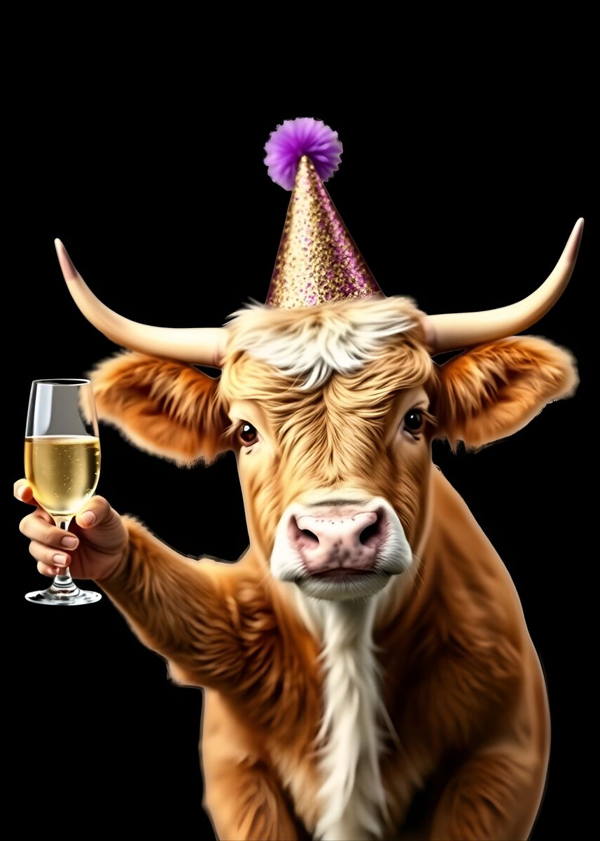 'Cow in Party Hat' Poster, picture, metal print, paint by ALHADIYA | Displate