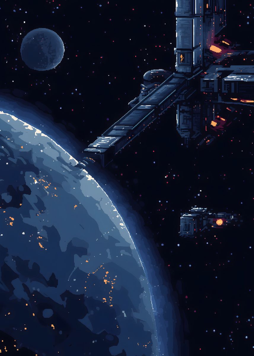 '8 Bit Pixel - Space Station Orbiting Earth' Poster, picture, metal ...