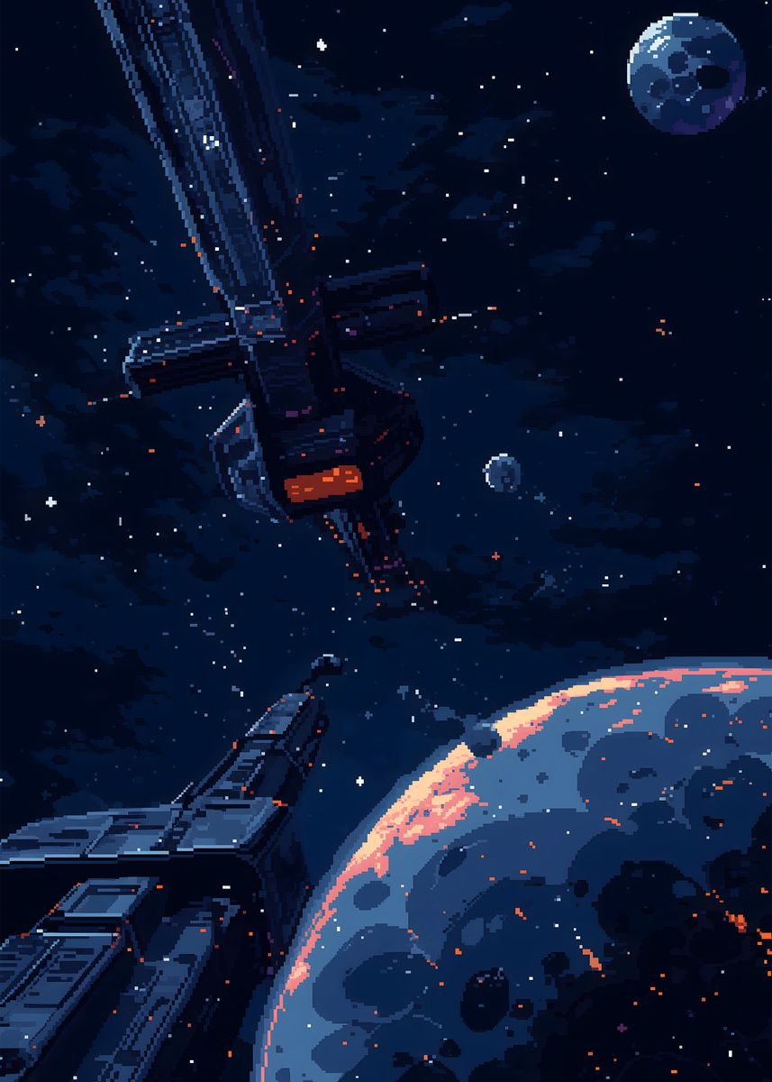 '8 Bit Pixel - Spacecraft Orbiting Planet' Poster, picture, metal print ...