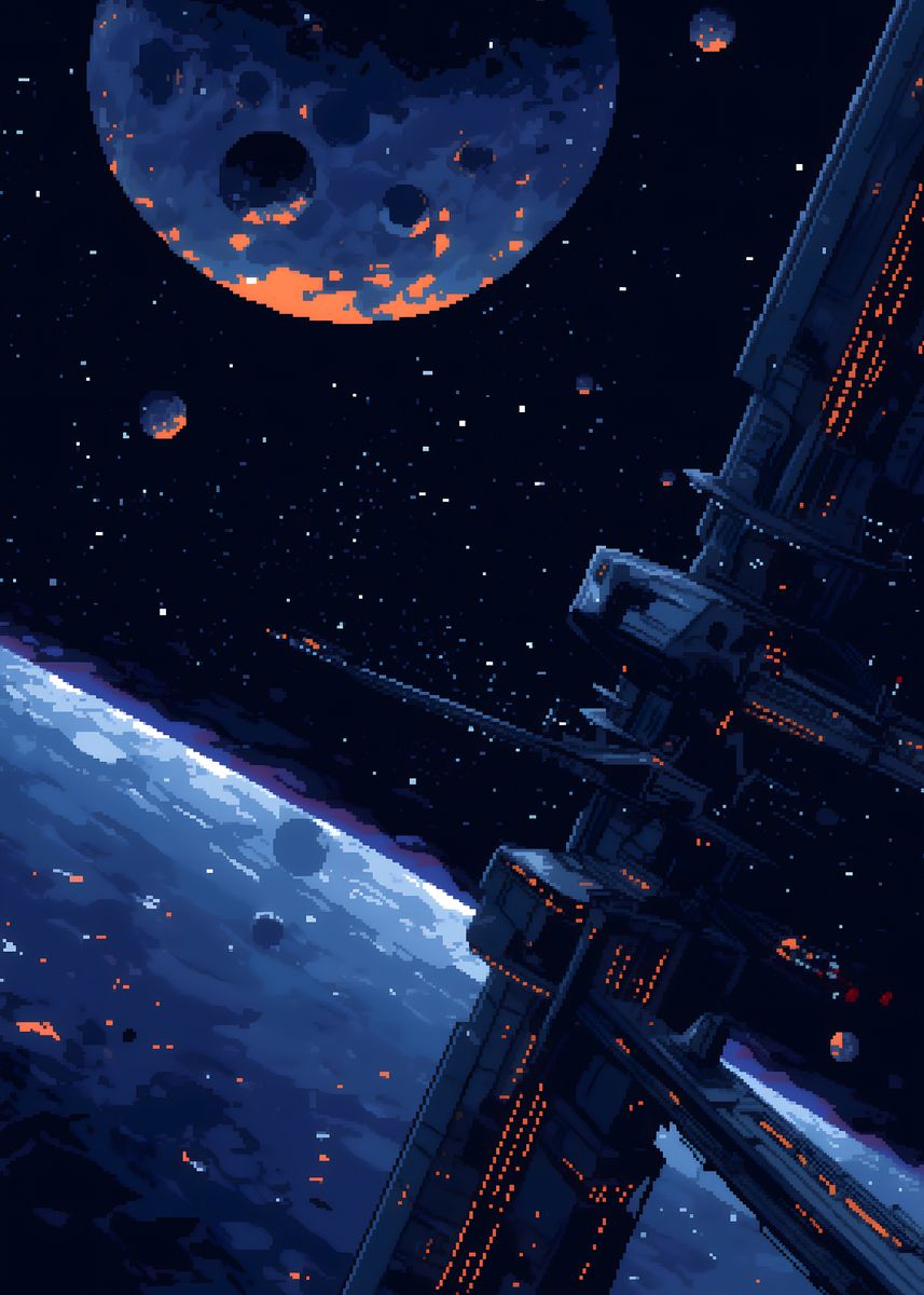 '8 Bit Pixel - Space Station Orbit' Poster, picture, metal print, paint ...