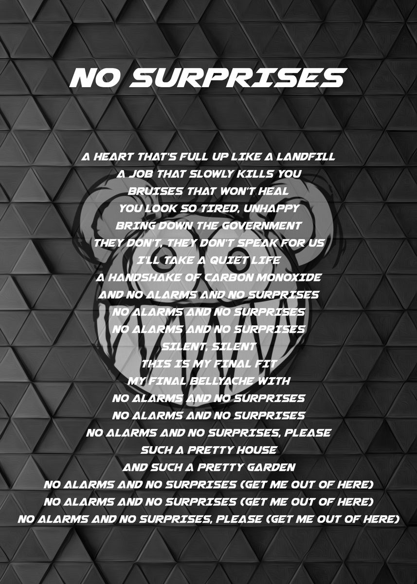 'No Surprises Lyrics' Poster, picture, metal print, paint by Lucky Boy ...