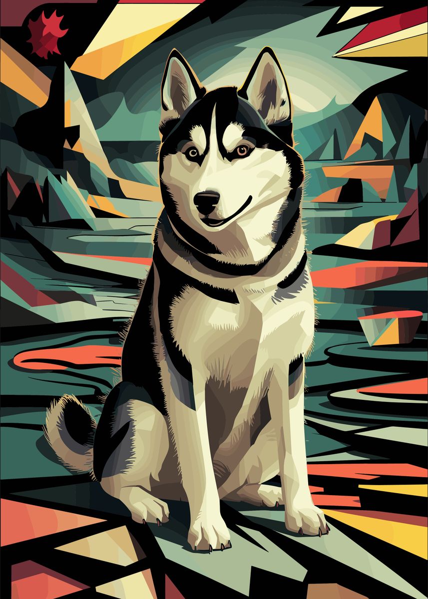 'Husky in Geometric Landscape' Poster, picture, metal print, paint by ...