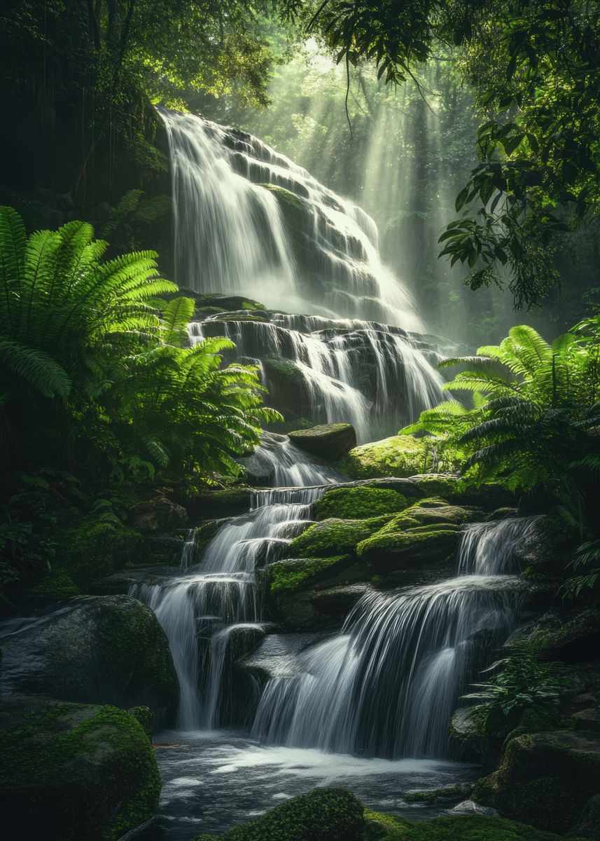 'Serene Waterfall in Lush Forest' Poster, picture, metal print, paint ...