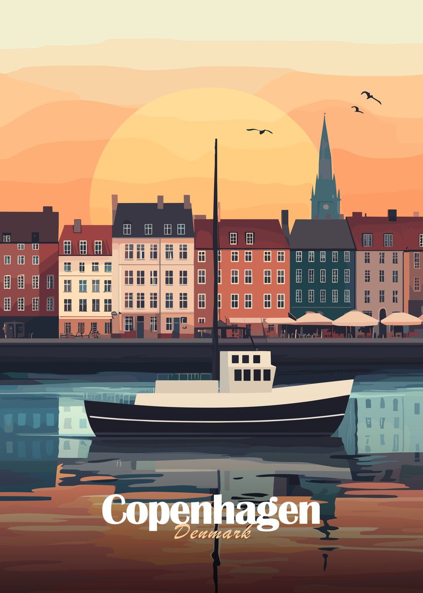 'Copenhagen Sunset Cityscape' Poster, picture, metal print, paint by ...