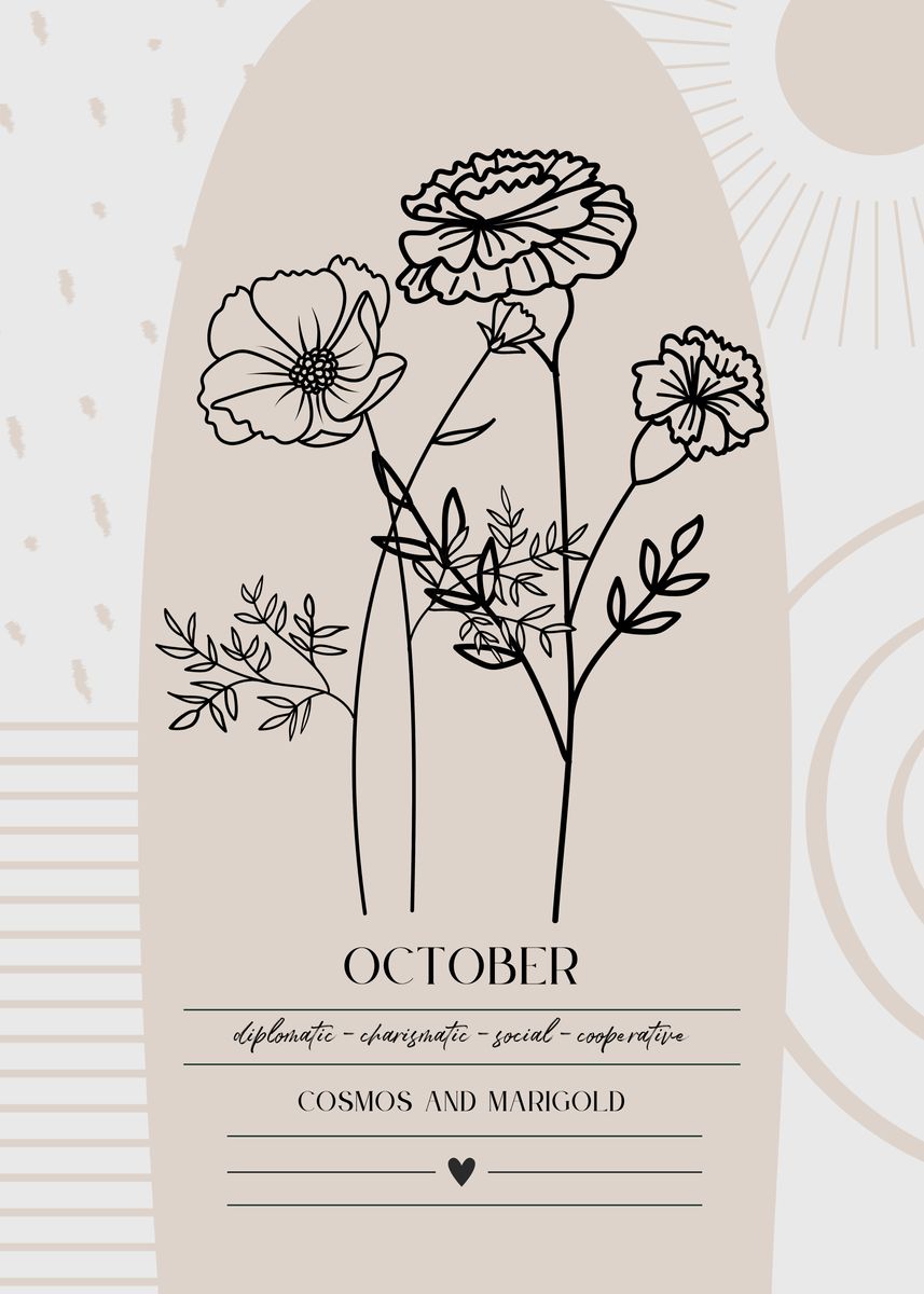 'October Birth Flower Cosmos Marigold Print' Poster, picture, metal ...