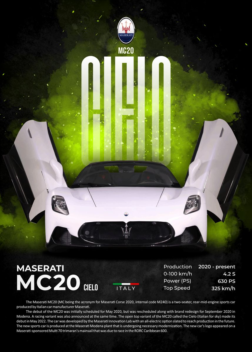 'Maserati MC20 Cielo Sports Car' Poster, picture, metal print, paint by ...